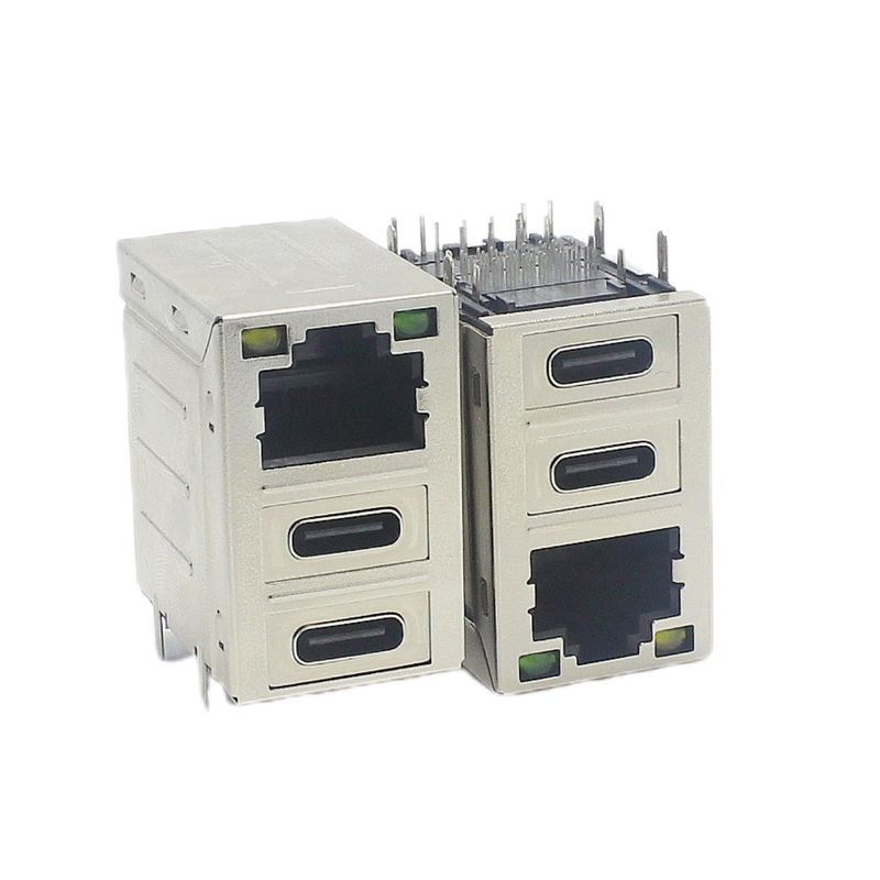Std Dual Type C Female Stacked Usb Connectors Combo Micro Usb Pcb Mount Rj45 W Leds