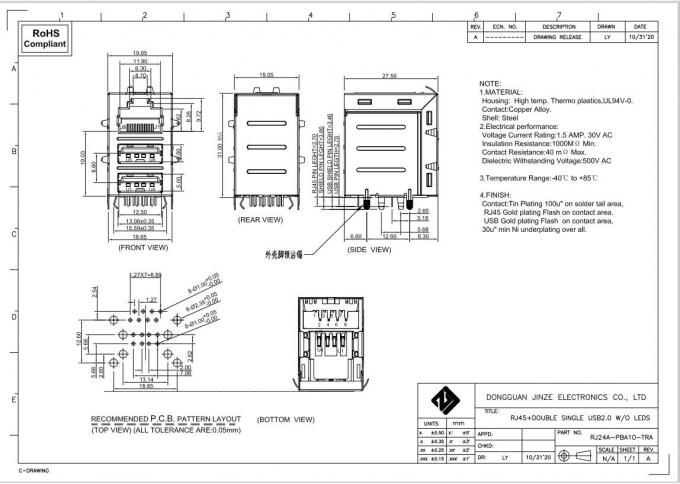 10/100/1000Base-T USB Modular SMD RJ45 Female Jack Connector
